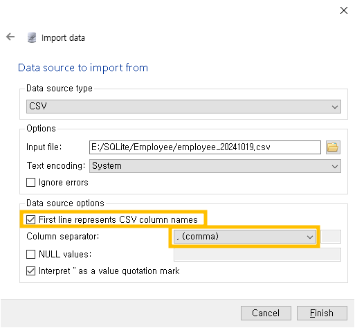 Sqlite 기존 테이블에 Csv 파일 Insertimport 하기 낟알 데이터